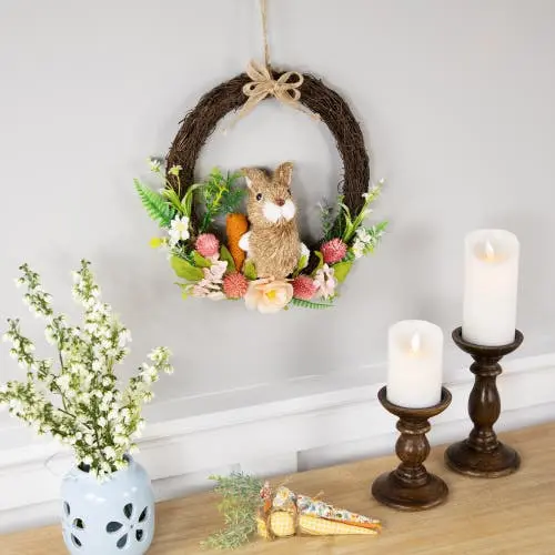 NORTHLIGHT Floral Grapevine Small Spring Easter Wreath With Sisal Bunny12