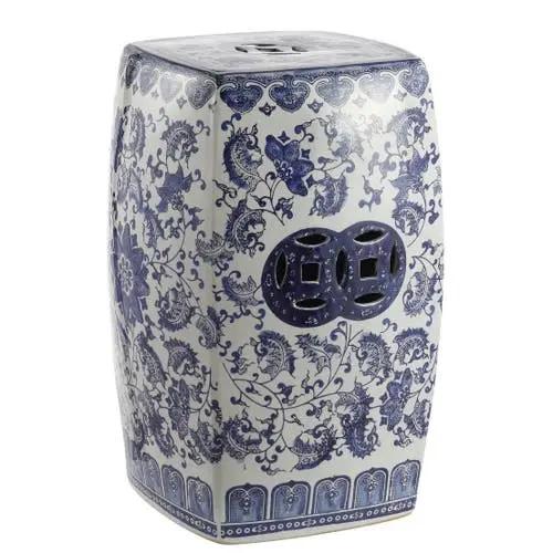 JONATHAN Y Floral Vine 18.5" Chinoiserie Ceramice Square Garden Stool - Blue/white