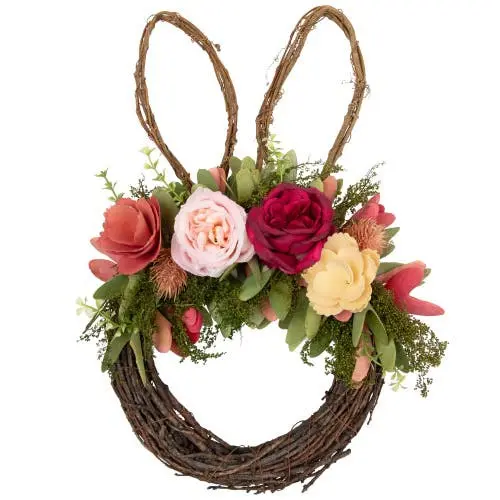 NORTHLIGHT Shaved Wood Florals Small Easter Bunny Ears Twig Wreath15 - Pink