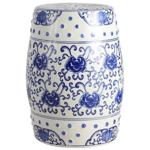 JONATHAN Y Lotus Flower 17.8" Chinoiserie Ceramic Drum Garden Stool - Blue/white