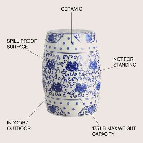 JONATHAN Y Lotus Flower Traditional Floral Chinoiserie Ceramic Drum Garden Stool