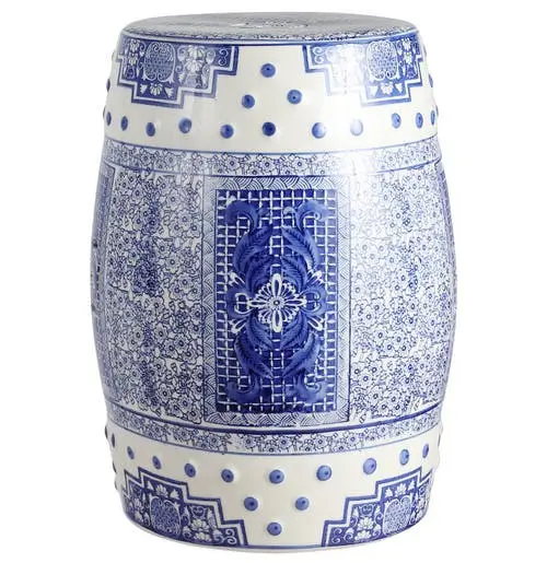 JONATHAN Y Acanthus 17.8" Chinoiserie Ceramic Drum Garden Stool - Blue/white