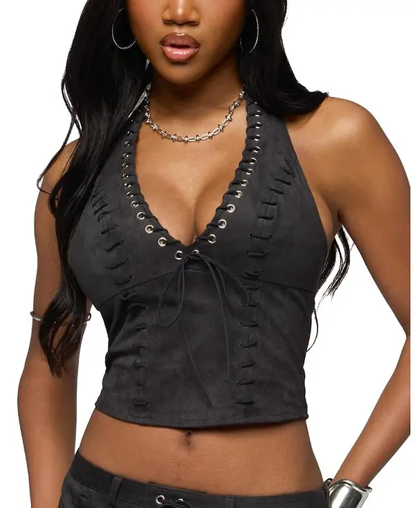 EDIKTED Sloane Faux Suede Halter Top - Dark-gray