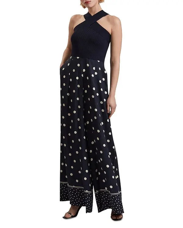 Ted Baker London Carmman Knit Bodice Polka Dot Jumpsuit - Navy