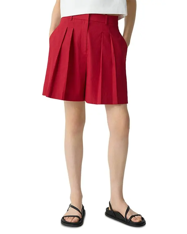 Theory Pleated Linen Shorts - Cherry