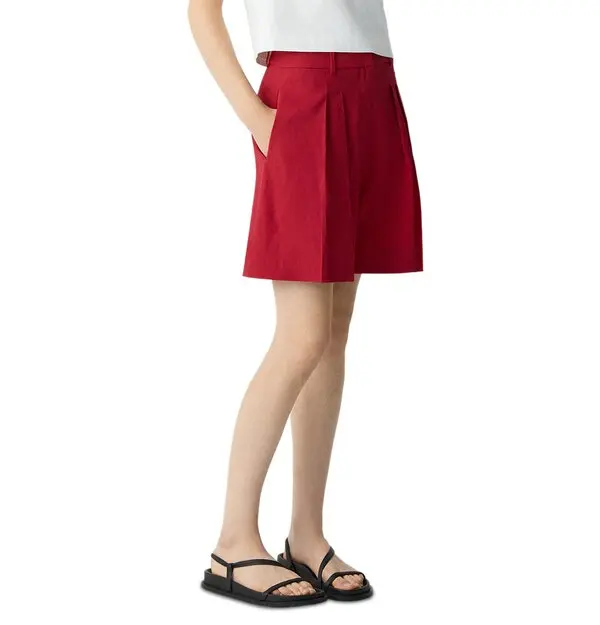 Theory Pleated Linen Shorts - Cherry