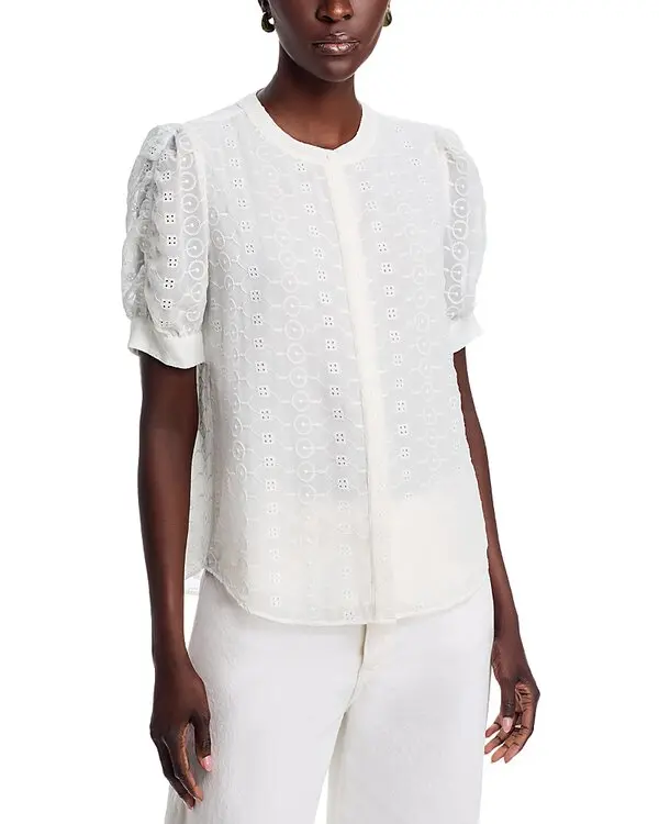T Tahari Mandarin Collar Button Front Top - White Star