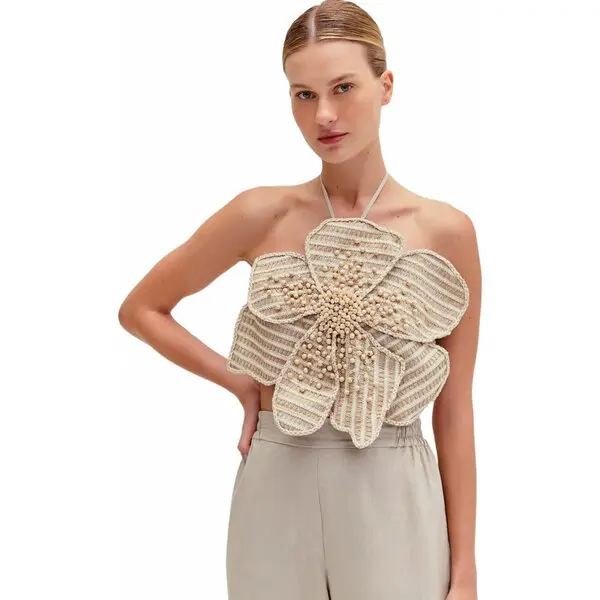 PatBO Candy Linen Hand-beaded Flower Top - Natural