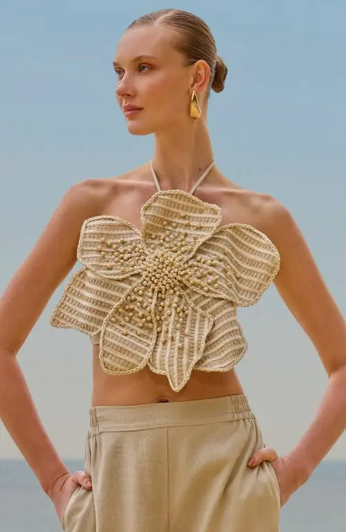 PatBO Candy Linen Hand-beaded Flower Top