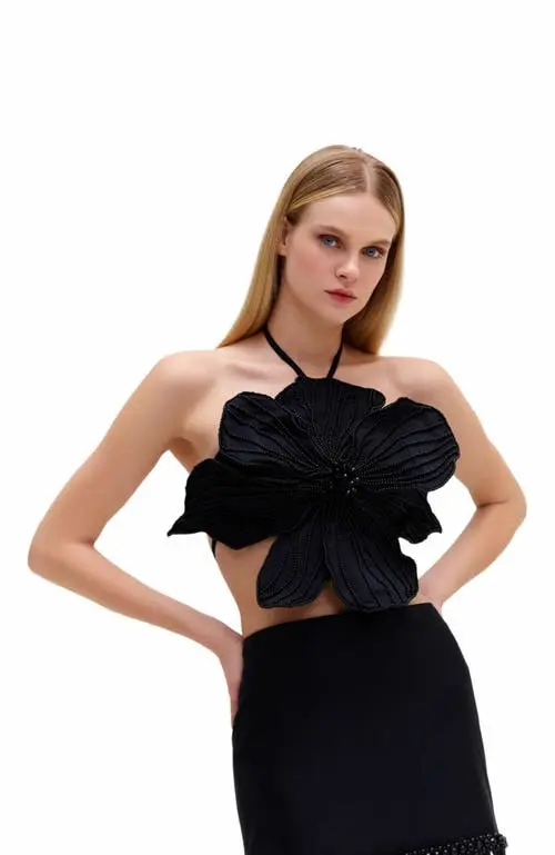 PatBO Hand-beaded Flower Halter Top