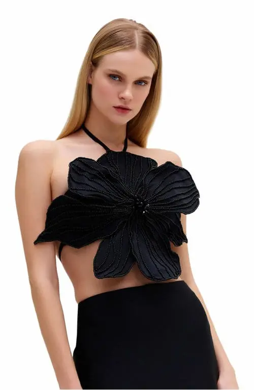 PatBO Hand-beaded Flower Halter Top