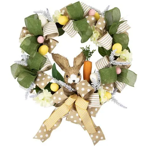NORTHLIGHT Bunny And Bows Floral Easter Wreath22"green And Beigeunlit - Brown