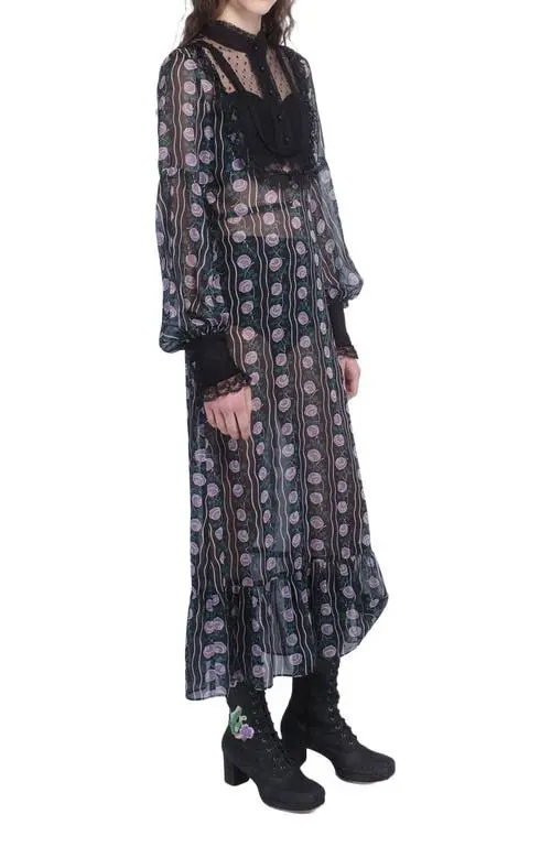 Anna Sui Rosetti Chiffon Victorian Bib Maxi Dress