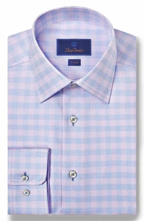 David Donahue Trim Fit Twill Check Dress Shirt - Sky/ Berry