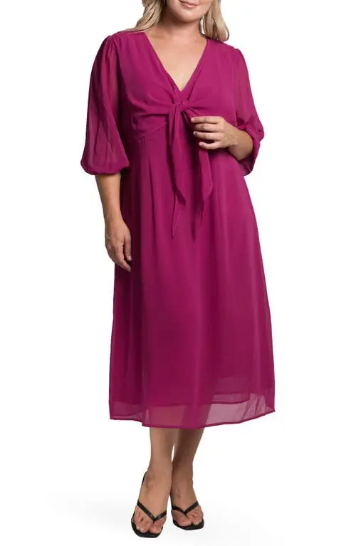 STANDARDS & PRACTICES Kenna Tie Front Chiffon Midi Dress - Fuchsia