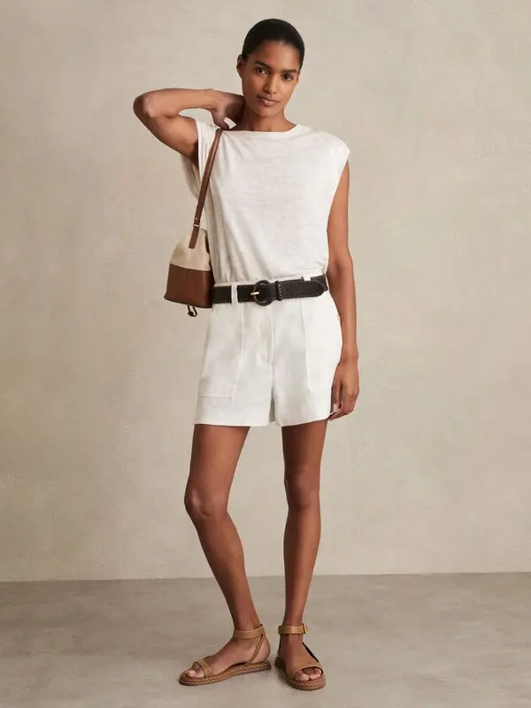 REISS Ashby Linen Wide Leg Shorts - White