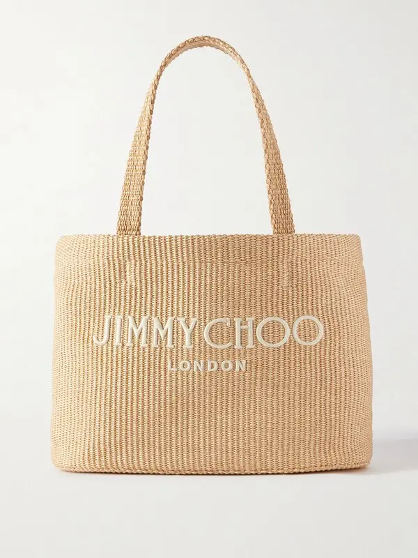 JIMMY CHOO Avenue Logo-embroidered Raffia Tote - Neutrals