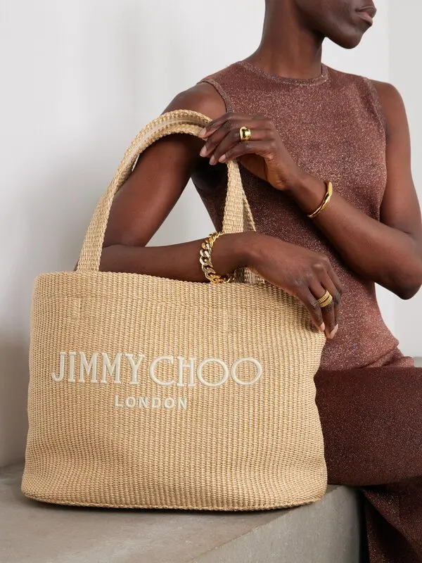 JIMMY CHOO Avenue Logo-embroidered Raffia Tote - Neutrals