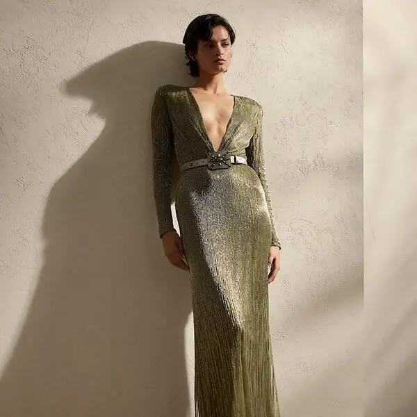 fitted lace wedding dress On Sale Size 14 Ashley Lauren 11302 Dolman Sleeves Sequin Gown 14 / Rose Gold