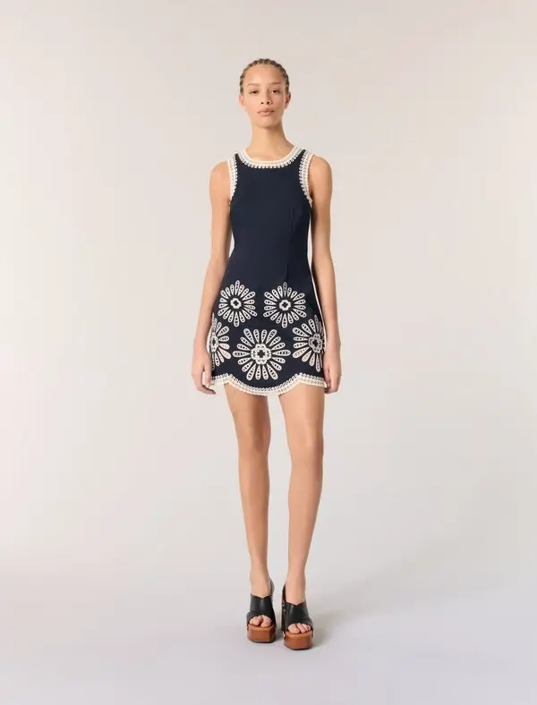 Maje Cotton Mini Dress With Crochet Details