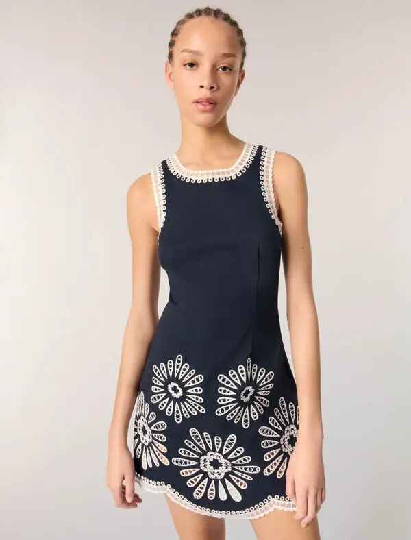 Maje Cotton Mini Dress With Crochet Details