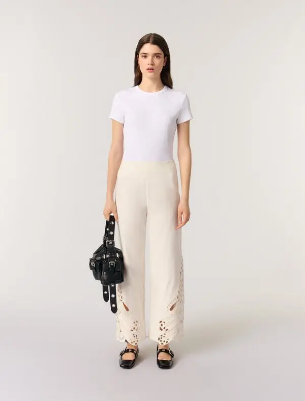 Maje Cream Wide-leg Trousers With Scalloped Embroidery