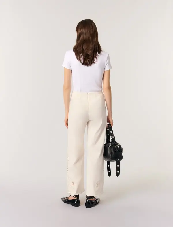 Maje Cream Wide-leg Trousers With Scalloped Embroidery