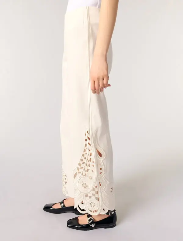 Maje Cream Wide-leg Trousers With Scalloped Embroidery