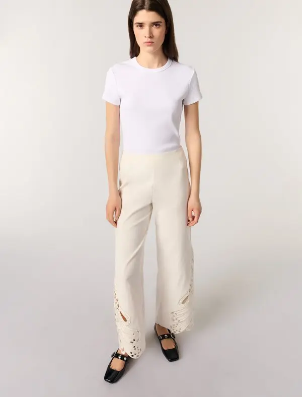 Maje Cream Wide-leg Trousers With Scalloped Embroidery