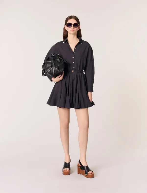 Maje Mini Crepe Dress With Belted Waist And Pleated Skirt