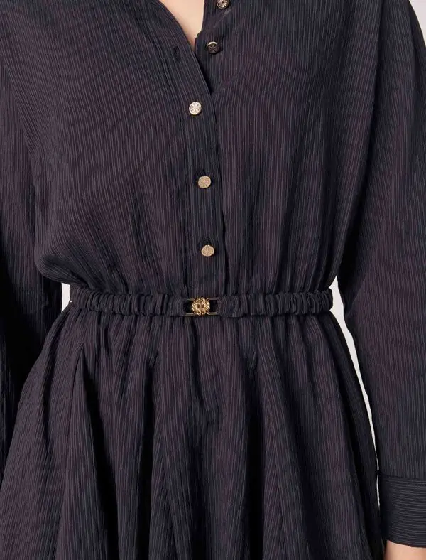 Maje Mini Crepe Dress With Belted Waist And Pleated Skirt