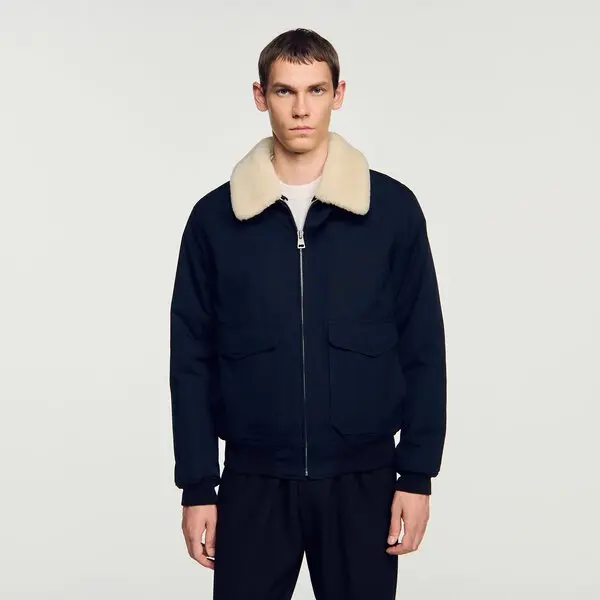 Sandro Aviator Jacket With Removable Collar - Navy Blue