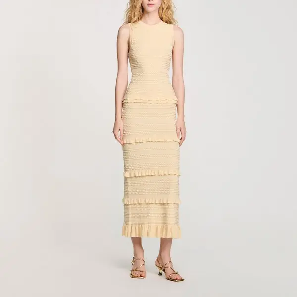 Sandro Ruffled Knit Maxi Dress - Ecru