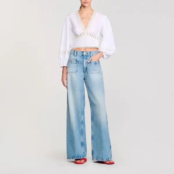 Sandro Poplin Crop Top With Lace Trim - White