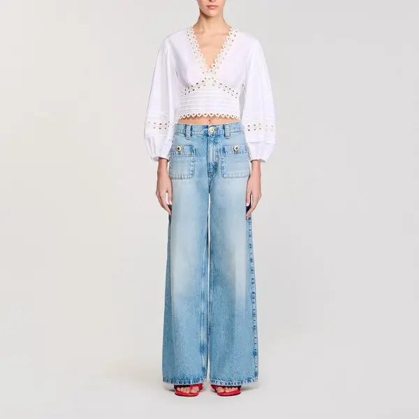 Sandro Poplin Crop Top With Lace Trim