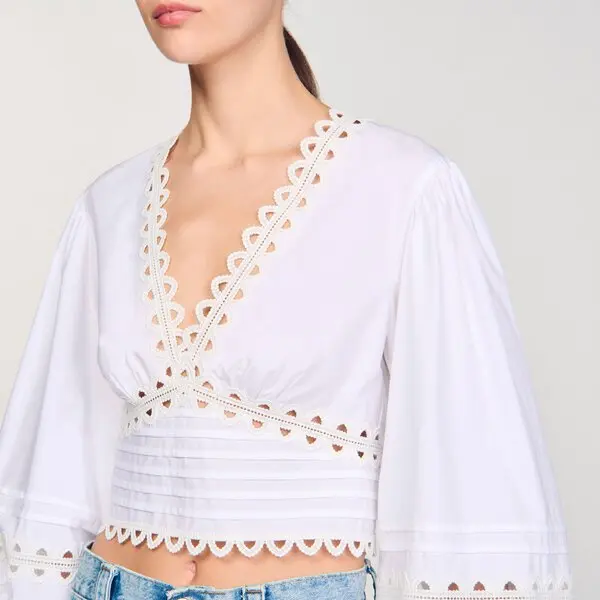 Sandro Poplin Crop Top With Lace Trim