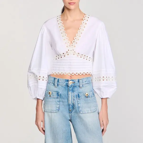 Sandro Poplin Crop Top With Lace Trim
