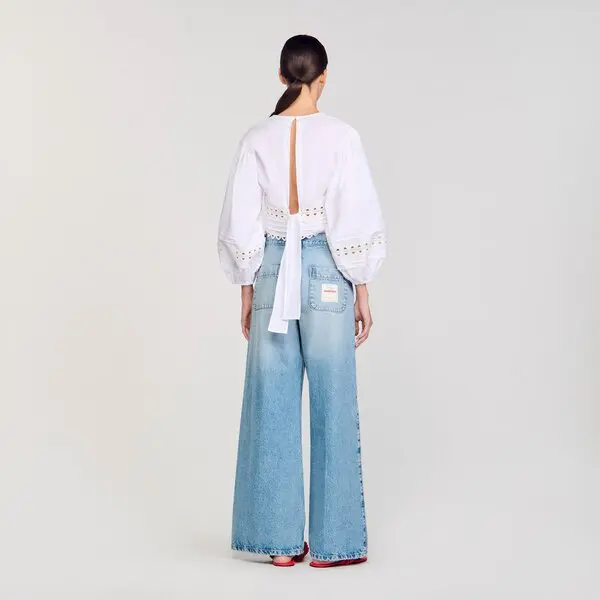 Sandro Poplin Crop Top With Lace Trim