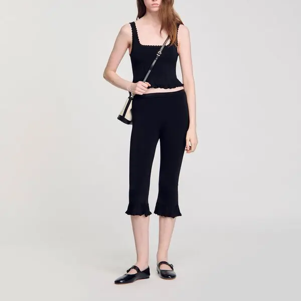Sandro Knit Crop Top With Ruffled Trim - Black
