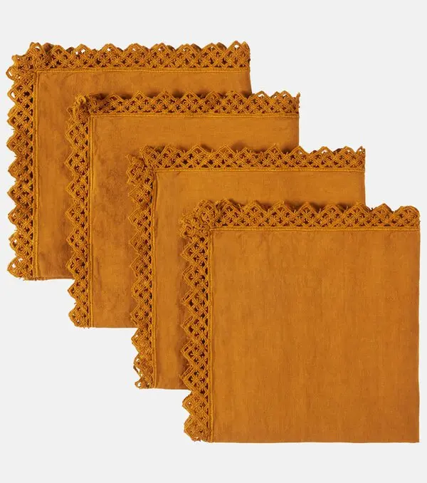 ONCE MILANO Set Of 4 Macramé-trimmed Linen Napkins - Yellow