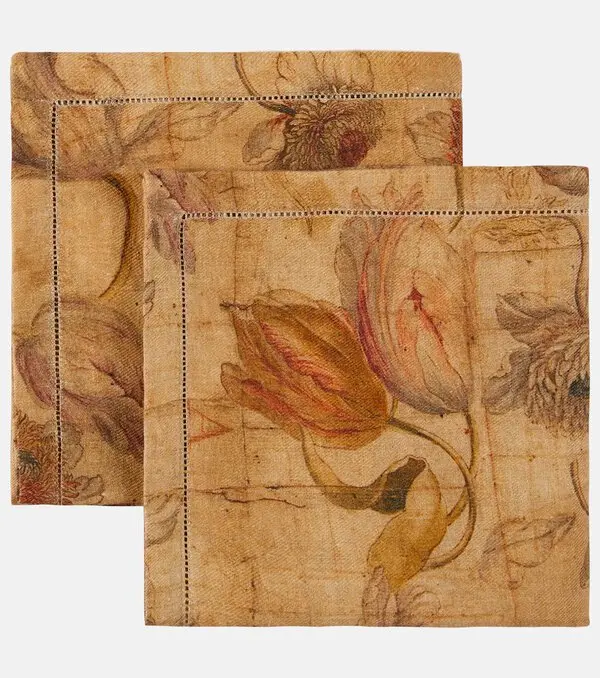 THE HOUSE OF LYRIA Otus Set Of 2 Printed Linen Napkins - Beige