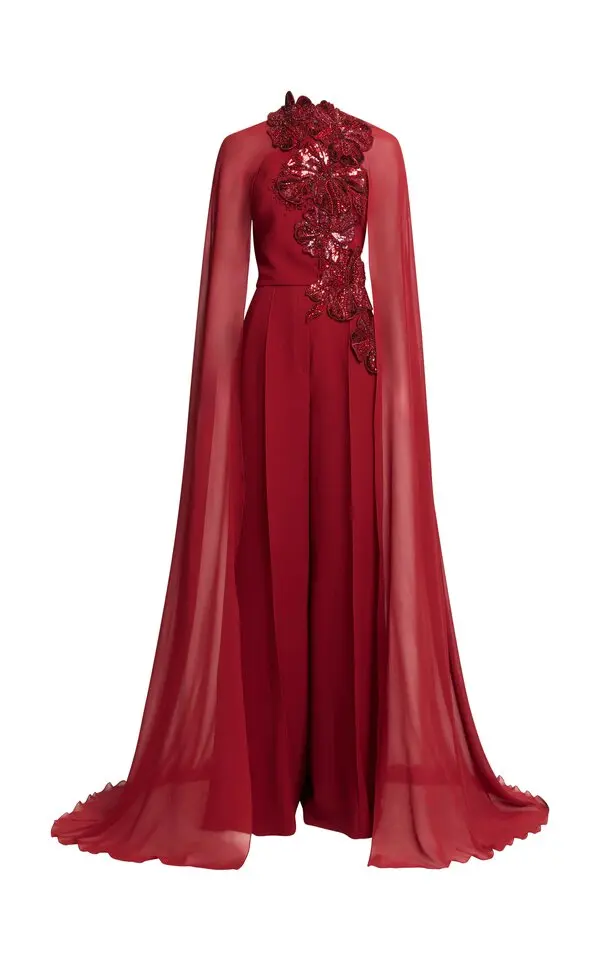Elie Saab Embellished Cape-sleeve Cady Jumpsuit - Red
