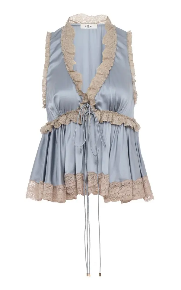 Chloé Lace-trimmed Silk Satin Top - Blue