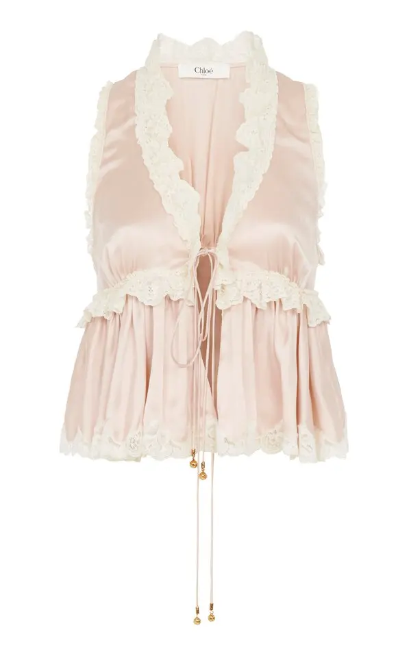 Chloé Lace-trimmed Silk Satin Top - Light Pink