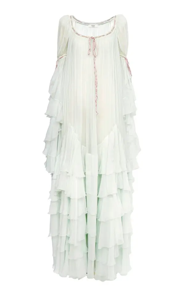 Chloé Flou Ruffled Organic Silk Mousseline Gown - Grey
