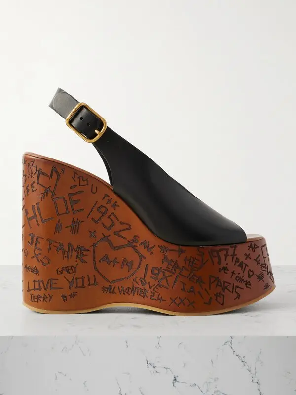 Chloé Maxime Leather Slingback Platform Wedge Sandals - Black
