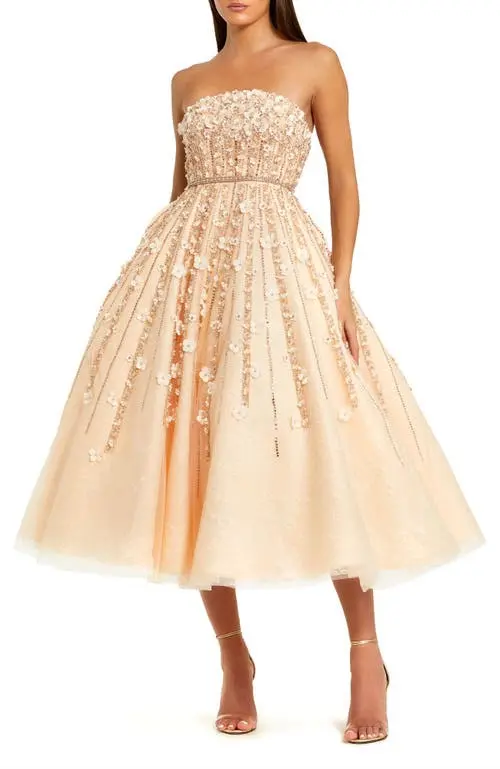 Mac Duggal Embellished Lace Strapless Midi A-line Dress - Champagne