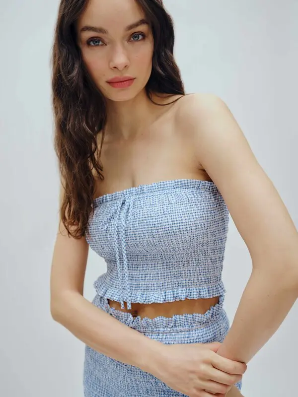 REFORMATION Nesta Cropped Top - Blue Check