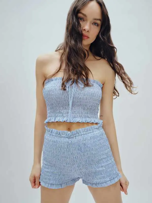 REFORMATION Nesta Cropped Top - Blue Check