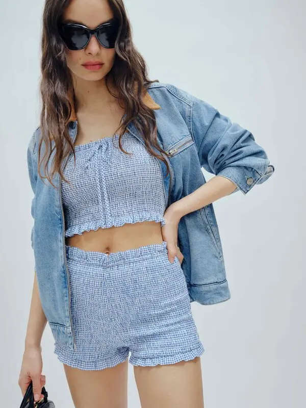 REFORMATION Abbie Check Shorts